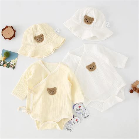 아기용 긴팔 바디수트 모자 신생아 코튼 점프수트 귀여운 곰 유아 의류 남아 여아 원지 2023 신상