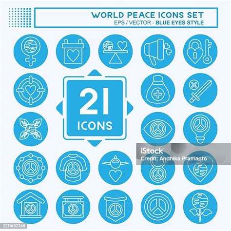 아이콘은 세계 평화를 설정합니다 교육 기호와 관련이 있습니다 파란 눈 스타일 편집 가상현실에 대한 스톡 벡터 아트 및 기타 이미지 가상현실 건강관리와 의술 교육