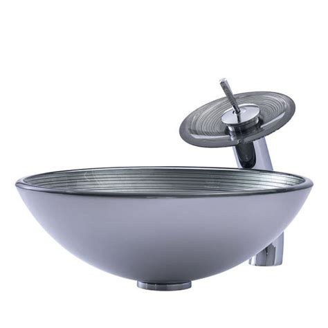 Glas Waschbecken Set Rund Streife Design In Silber Mit Wasserhahn