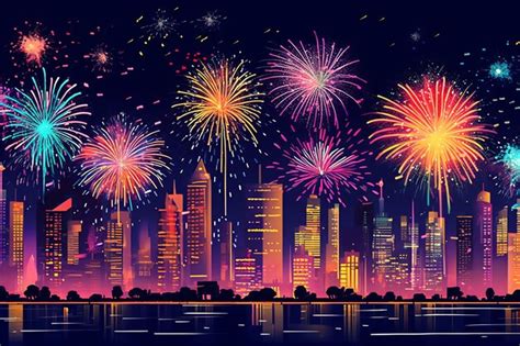 Beautiful Firework Show With Cityscape At Night For Celebration Happy New Year Firework Display