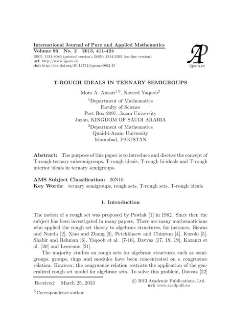 Pdf T Rough Ideals In Ternary Semigroups