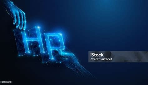 Hr 인적 자원 3d 편지에 접근하는 낮은 폴리 손의 추상 그림 기하학적 배경 묘사 비즈니스 회사 고용 기관 고용 와이어 프레임 메쉬에 의한 인력 관리 개념 3차원 형태에