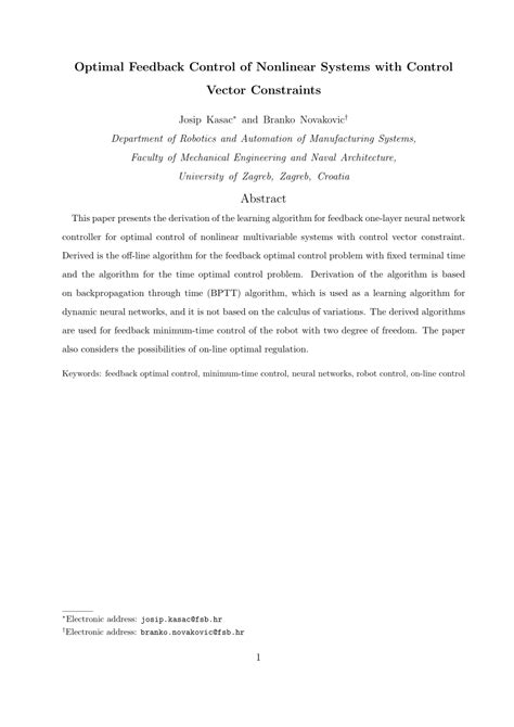 PDF Optimal Feedback Control Of Nonlinear Systems With Control Vector Constraints