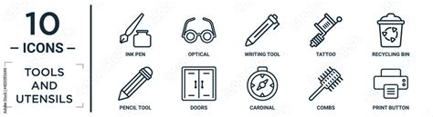 tools and utensils linear icon set includes thin line ink pen writing tool recycling bin