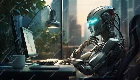 Premium Photo Robot Sitting At Office Computer Table Processing Data And Managing Tasks