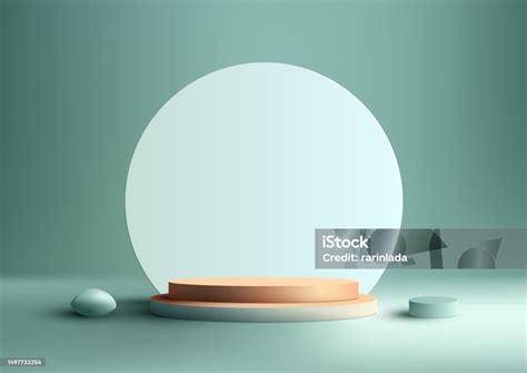 3d 현실적인 빈 녹색 연단은 녹색 배경에 바위와 기하학적 요소가 있는 원형 배경 장식이 있습니다 0명에 대한 스톡 벡터 아트