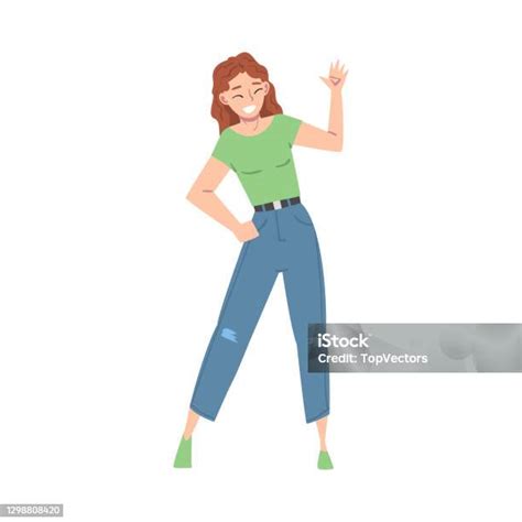 기쁨과 기쁨전체 길이 벡터 일러스트와 함께 손을 흔들고 미소 개념에 대한 스톡 벡터 아트 및 기타 이미지 개념 긍정적인 감정 표현 독일 Istock