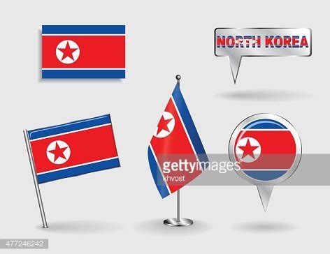 Set Of North Korean Pin Icon And Map Pointer Flags Stock Clipart