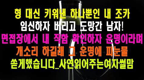 실화사연 형 대신 키워낸 하나뿐인 내 조카 임신하자 버리고 도망간 남자 면접장에서 내 직함 확인하자 운명이라며 개소리 하길래 그 운명에 피눈물 쏟게했습니다