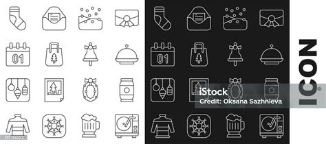 비닐 디스크 맥주 캔 크리스마스 덮인 트레이 스노우 쇼핑 백 캘린더 스타킹 및 메리 링 벨 아이콘세트 라인 비닐 플레이어 벡터