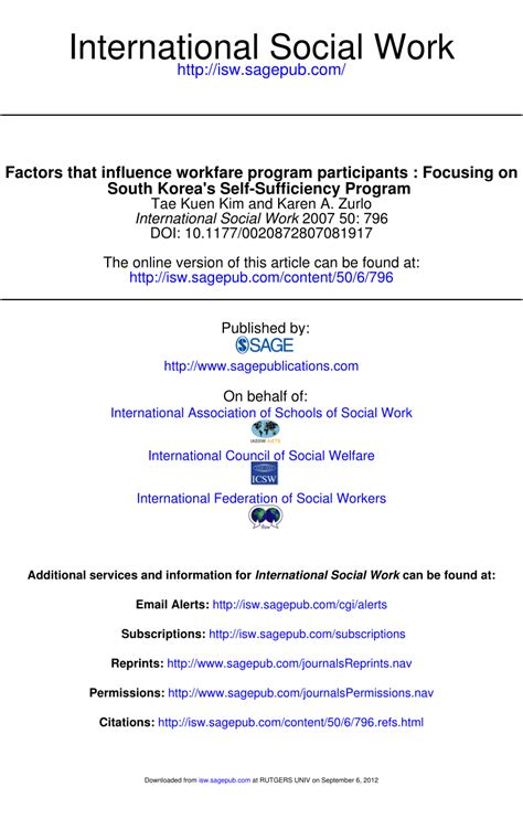 Pdf Factors That Influence Workfare Program Participantsfocusing On South Koreas Self