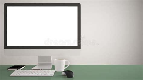 Desktop Mockup Template Computer On Green Pantone Colored Work Desk