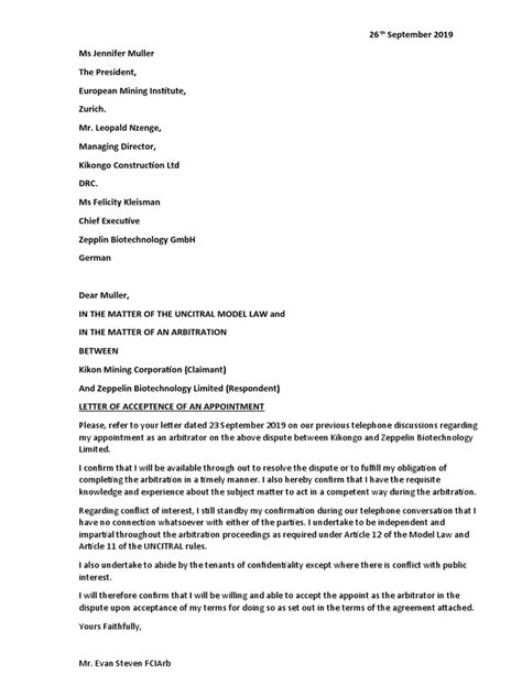 Arbitrator Letter Of Acceptance Pdf
