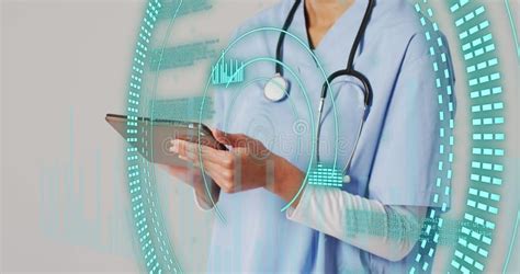 Animation Of Scope Scanning And Data Processing Over Biracial Female Doctor Using Tablet Stock
