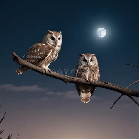 Two Owls Perched On A Branch Under A Full Moon In A Night Sky And