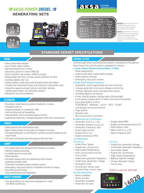 Generating Sets Standard Genset Specifications Pdf Diesel Engine