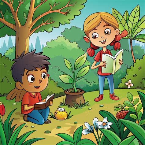 숲에서 책을 읽는 소년과 소녀 프리미엄 벡터