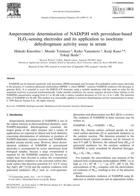 Pdf Amperometric Determination Of Nad P H With Peroxidase Based H2o2 Sensing Electrodes And