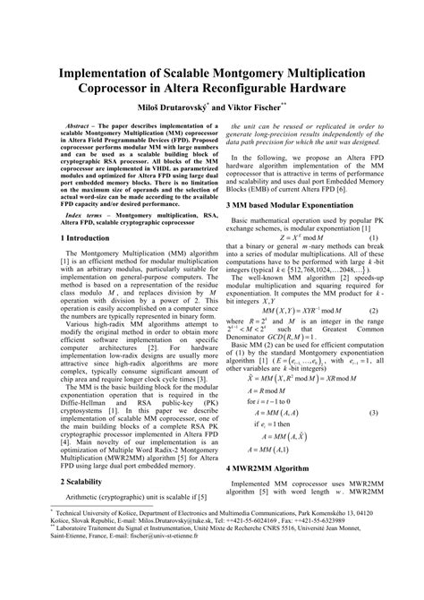 (PDF) Implementation of Scalable Montgomery Multiplication coprocessor in Altera reconfigurable ...