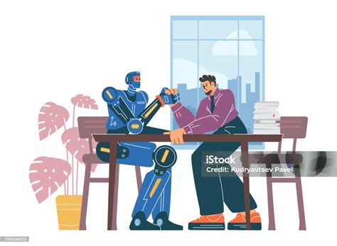 팔씨름에서 로봇과 경쟁하는 사업가 기계와의 대결 벡터 인공 지능 대 인간 레슬링 격투기에 대한 스톡 벡터 아트 및 기타 이미지 레슬링 격투기 과학 남자 Istock
