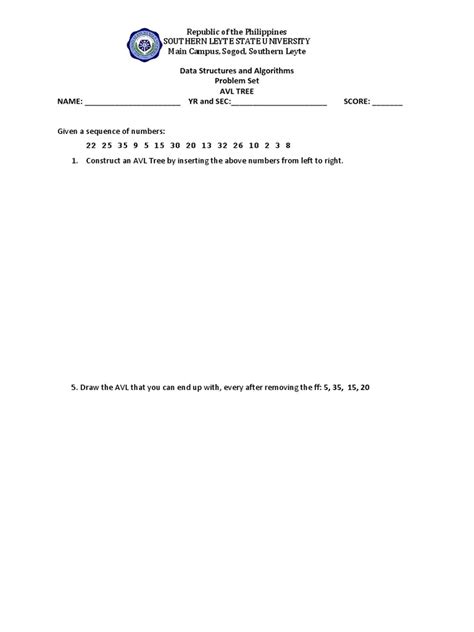 data structures and algorithms problem set avl tree name yr and sec