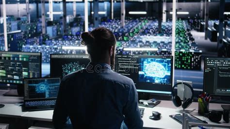 Data Center Computer Scientist Using Pc To Monitor Neural Network Using Ai Llm Stock Footage