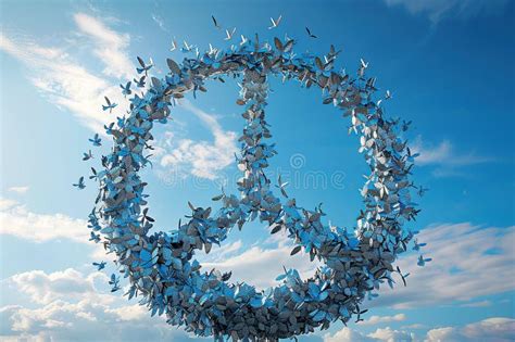 Peace Symbol Made Of Butterflies Against A Blue Sky Stock Illustration