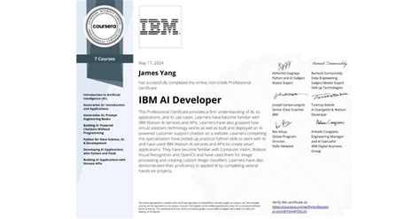 Completion Certificate For Ibm Ai Developer Wen Hsuan Yang