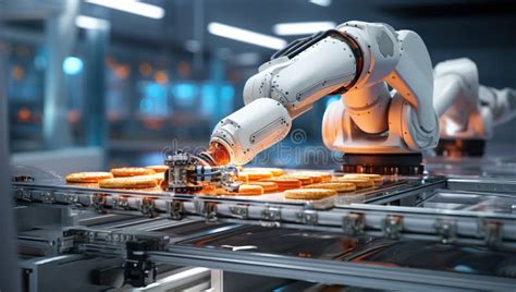 Robotic Arm Working On Assembly Line In Factory Automation Manufacturing Process Stock