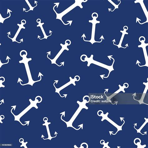 해양 테마의 간단한 그래픽 완벽 한 패턴입니다 포장 디자인에 대 한 종이 질감 파란색 배경에 흰색 앵커 해양 벡터 벽지 반복 계절에 대한 스톡 벡터 아트 및 기타 이미지
