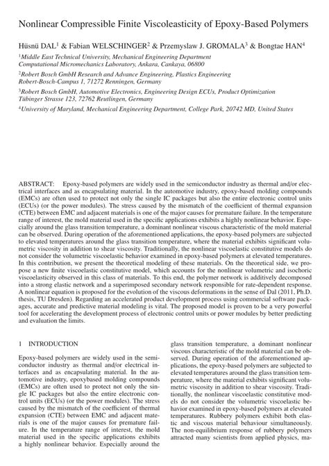 Pdf Nonlinear Compressible Finite Viscoleasticity Of Epoxy Based Polymers