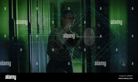 Image Of Biometric Fingerprint Over Caucasian Female It Engineer With