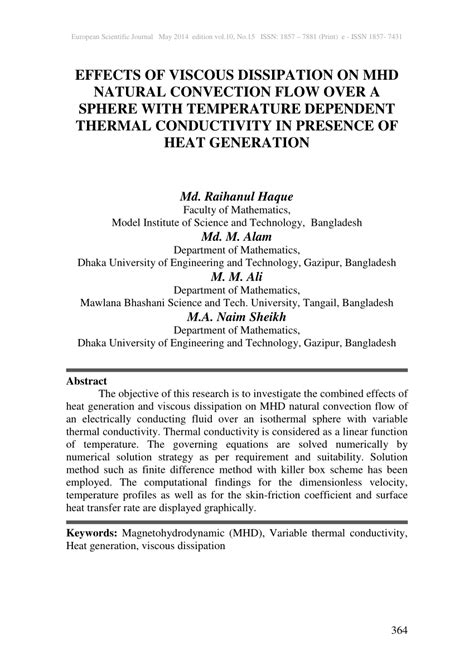Pdf Effects Of Viscous Dissipation On Mhd Natural Convection Flow Over A Sphere With