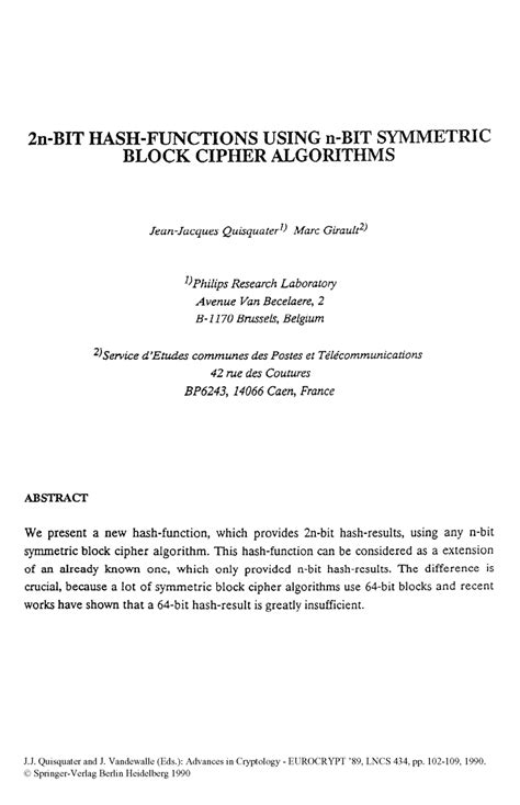 Pdf 2n Bit Hash Functions Using N Bit Symmetric Block Cipher Algorithms