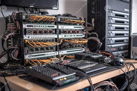 Network Switch With Multiple Ethernet Cables In Server Room Stock