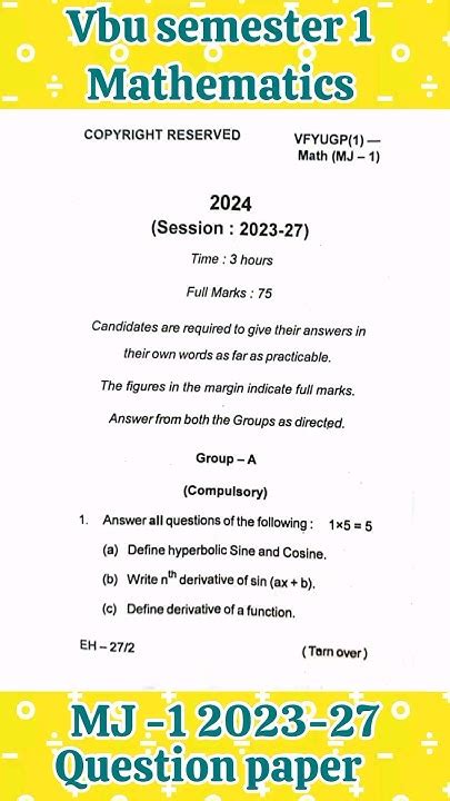 Vbu Semester 1 Major 1 Mathematics 2023-27 Question Paper || today's question 2024 #vbu #exam # ...