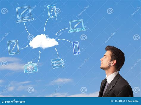 Man Looking At Cloud Computing Concept On Blue Sky Stock Photo Image Of Hand Communication
