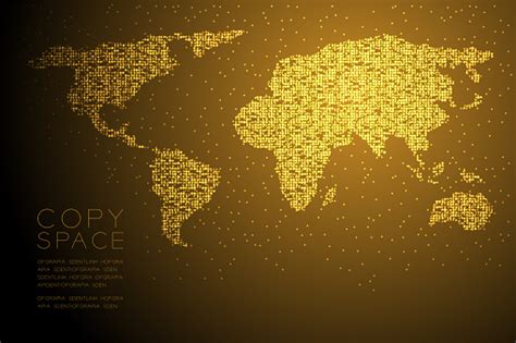 추상적인 기하학적 Bokeh 원 도트 픽셀 패턴 세계 지도 모양 개념 디자인 골드 컬러 그림 복사 공간 벡터 Eps 10 갈색 그라데이션 배경에 고립 0명에 대한 스톡 벡터