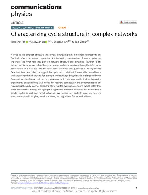 PDF Characterizing Cycle Structure In Complex Networks