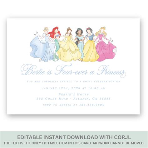 Printable Princess Birthday Invitation Digital Download Editable