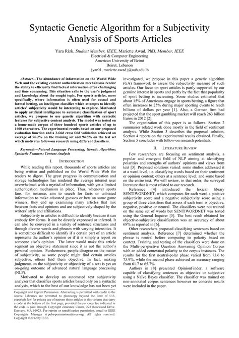 Pdf Syntactic Genetic Algorithm For A Subjectivity Analysis Of Sports