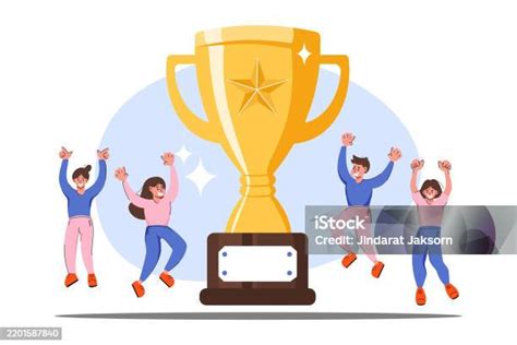 팀워크는 대회나 이벤트에서 승리와 성취를 상징하는 큰 황금 트로피를 중심으로 즐겁게 성공을 축하하는 것입니다 개념에 대한 스톡 벡터 아트 및 기타 이미지 Istock