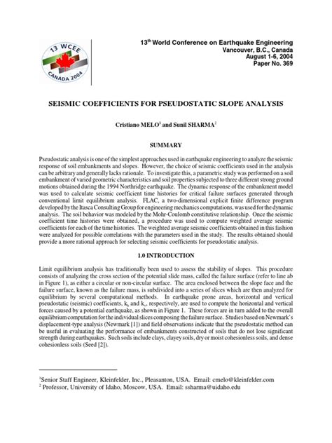 Seismic Coeficients For Pseudo Static Slope Analsysis Pdf Stress