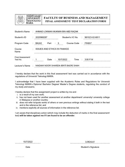 Final Assessment Test Declaration Form Final Pdf