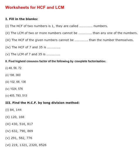 Worksheets For Hcf And Lcm I Fill In The Blanks I The Hcf Of Two