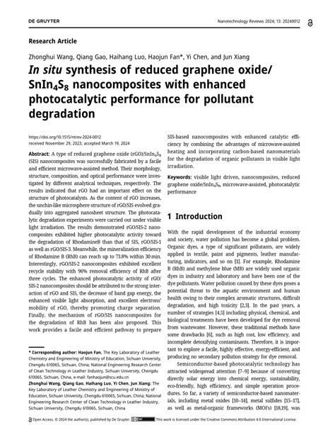 Pdf In Situ Synthesis Of Reduced Graphene Oxidesnin4s8 Nanocomposites With Enhanced
