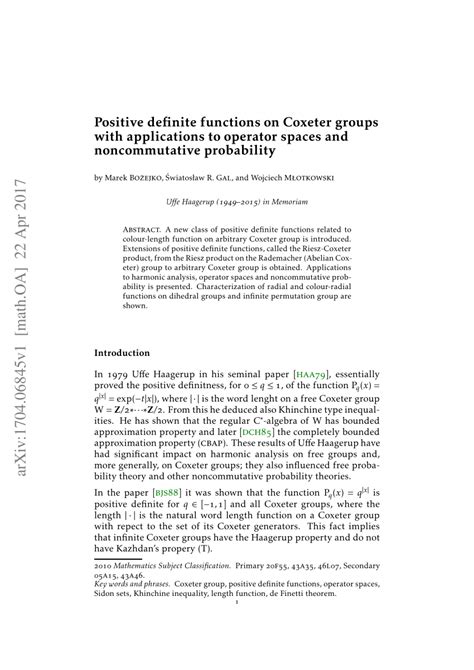 PDF Positive Definite Functions On Coxeter Groups With Applications To Operator Spaces And