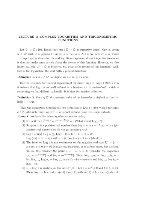 Lecture 5 Complex Logarithm And Trigonometric Functions Docslib