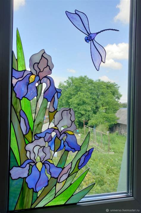 Витражный декор для окна Ирисы в интернет магазине Ярмарка Мастеров по цене 12000 ₽ R8nngru