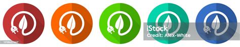 에코 전기 리프 아이콘 세트 빨간색 파란색 녹색 및 주황색 평면 디자인 웹 버튼은 흰색 배경에 격리 벡터 일러스트 전기 플러그에 대한 스톡 벡터 아트 및 기타 이미지